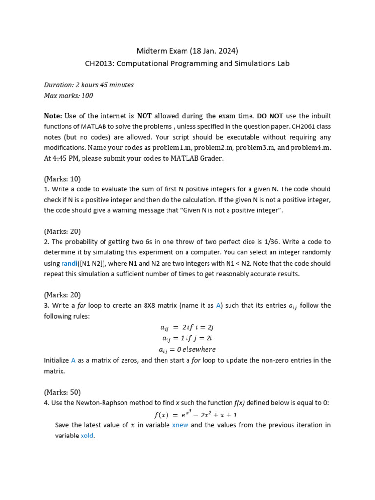 Midterm Exam CH2013 Batch1 | PDF | Applied Mathematics | Mathematics