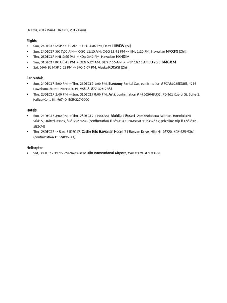 2017 Hawaii Trip Preparation | PDF
