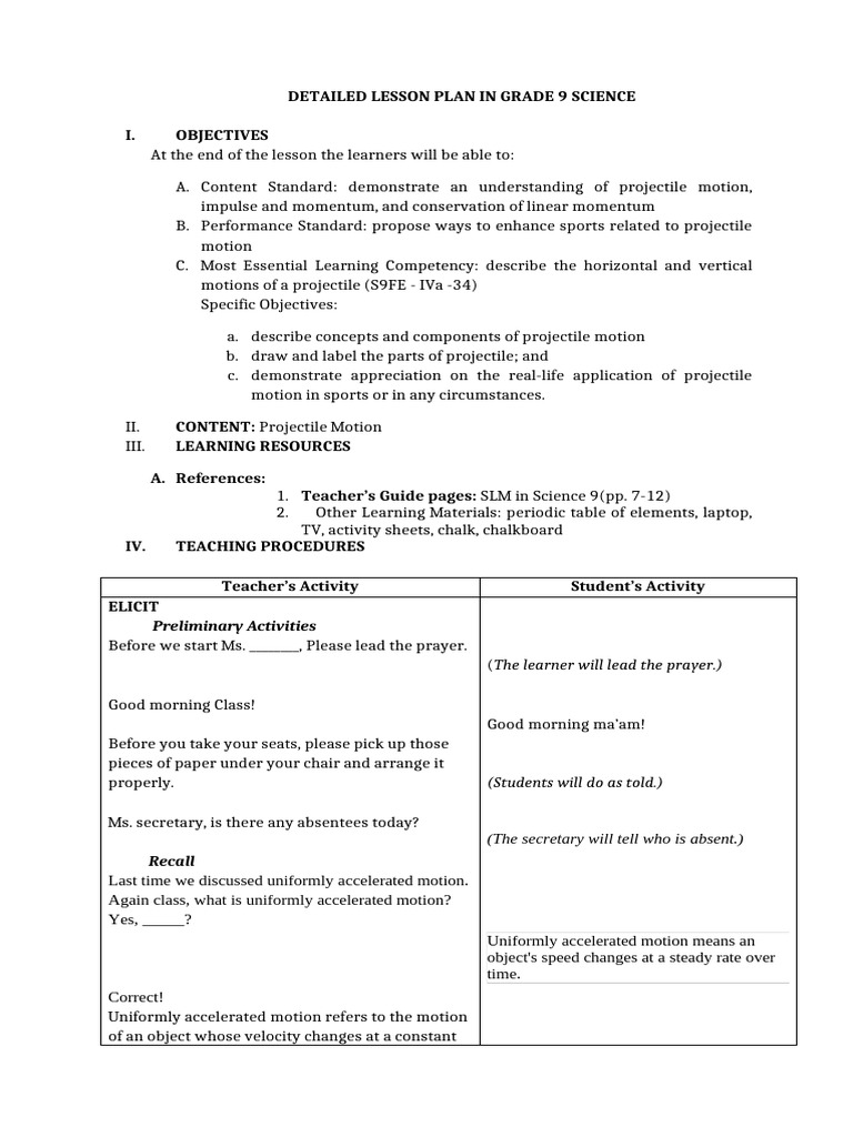Grade 9 Science: Projectile Motion Lesson Plan | PDF | Mechanics