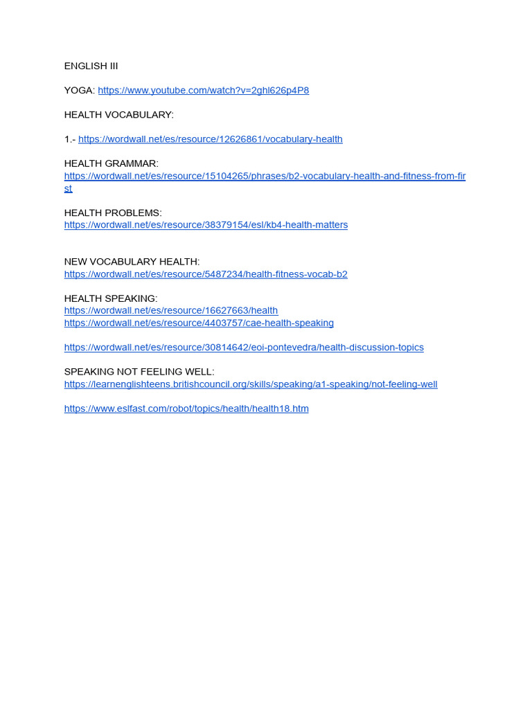 English Iii - Classwork 28-10-24 | PDF | Wellness