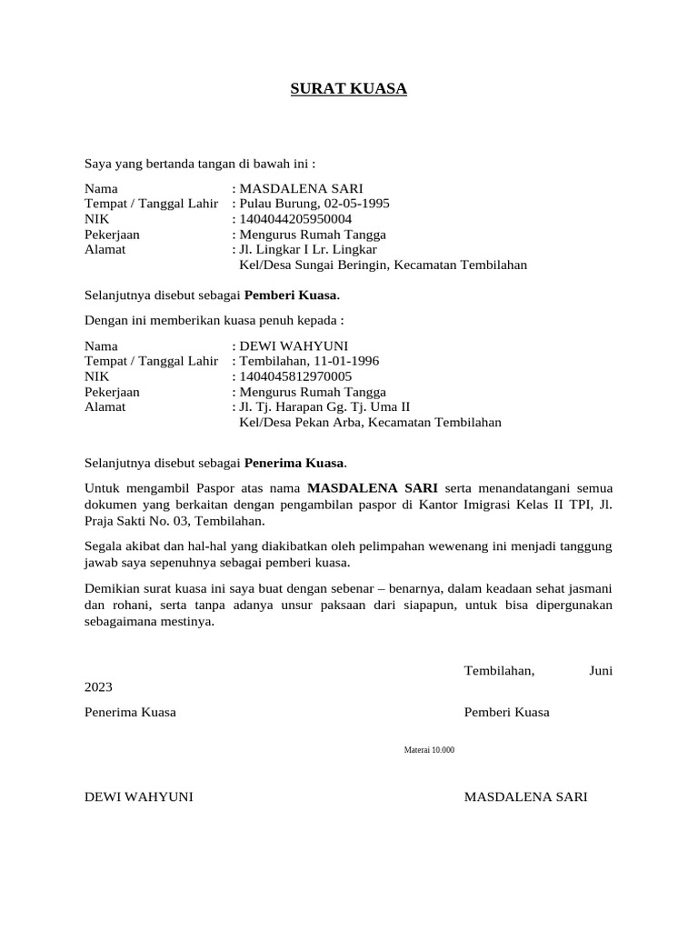 Surat Kuasa Pengambilan Paspor | PDF