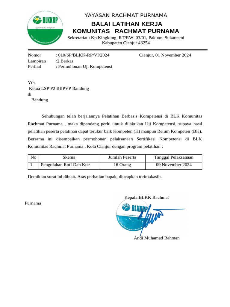 Permohonan UJK BLKK Rachmat Purnama | PDF