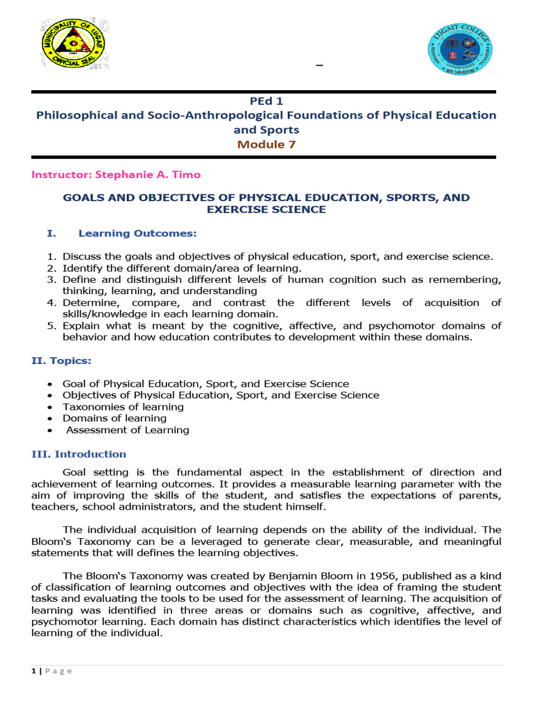PEd1 FOUNDATIONS OF PHYSICAL EDUCATION AND SPORTS | PDF | Learning | Physical Education