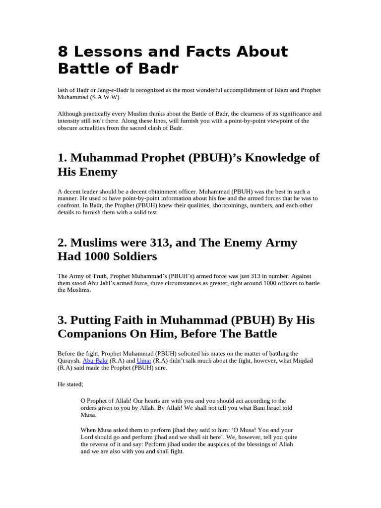 8 Lessons and Facts About Battle of Badr | PDF | Muhammad | Life Of ...