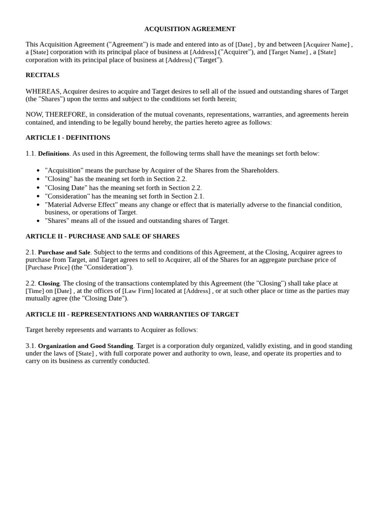 Acquisition Agreement | PDF | Breach Of Contract | Arbitration