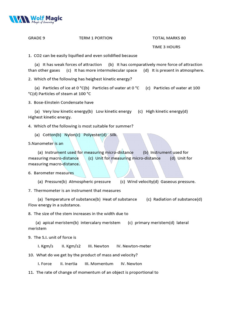 Grade 9 Term 1 Portion Total Marks 80 | PDF | Epithelium