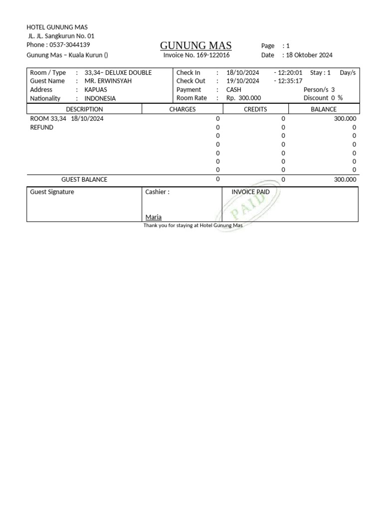 4-Contoh Bill Hotel Manual | PDF