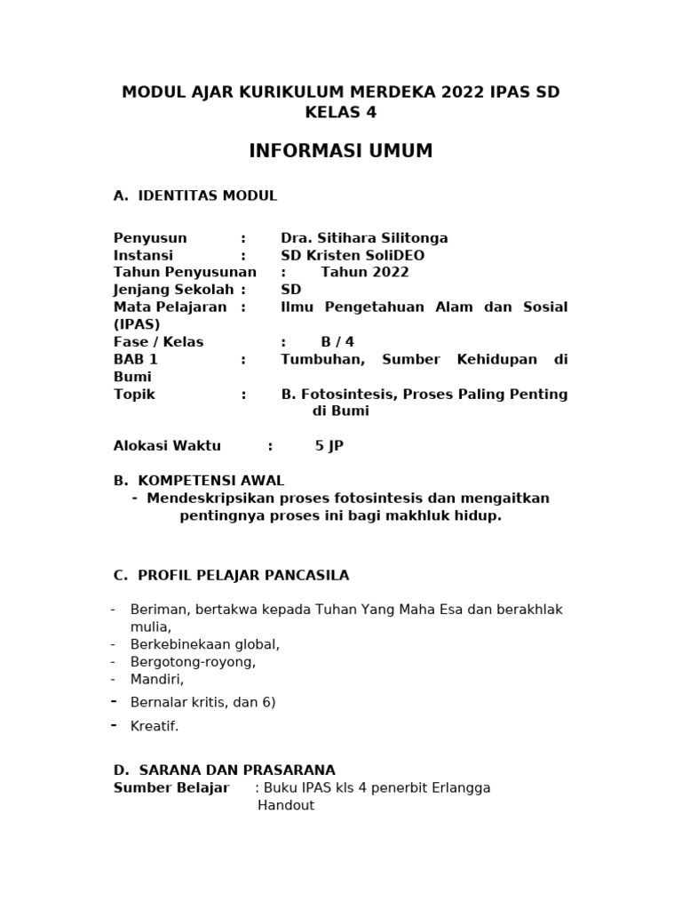 Modul Ajar Kurikulum Merdeka 2022 Ipas SD Kelas 4 Bab 1 Topik B | PDF