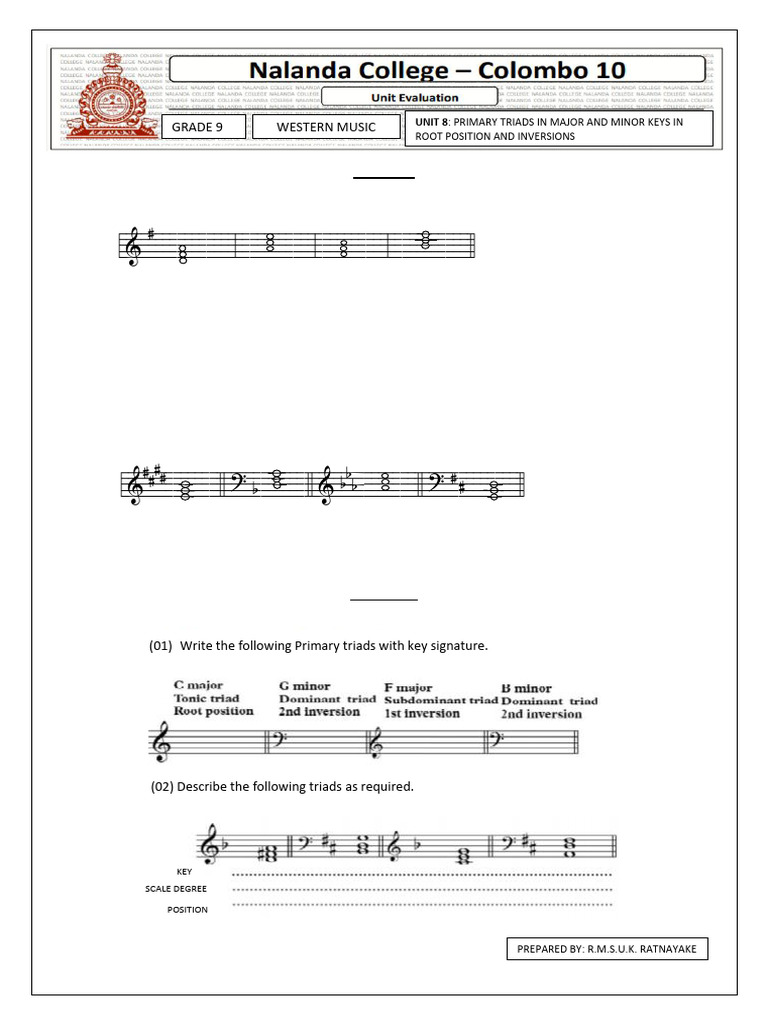 g9 Ut 8 Primary Triads in Major and Minor Keys in Root Position and ...