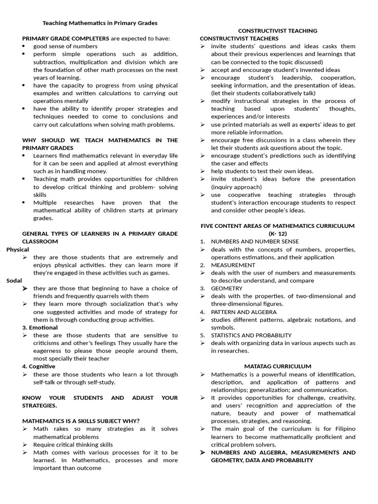 Teaching Mathematics in Primary Grades Reviewer | PDF | Educational Assessment | Learning