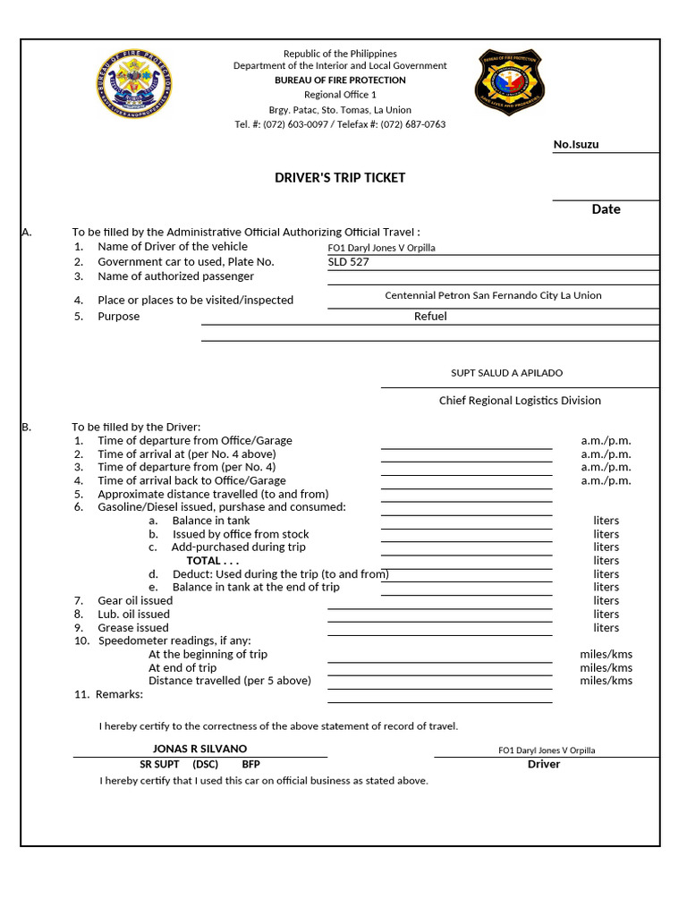 Drivers Trip Ticket 2024 CSSR | PDF | Vehicles | Transport