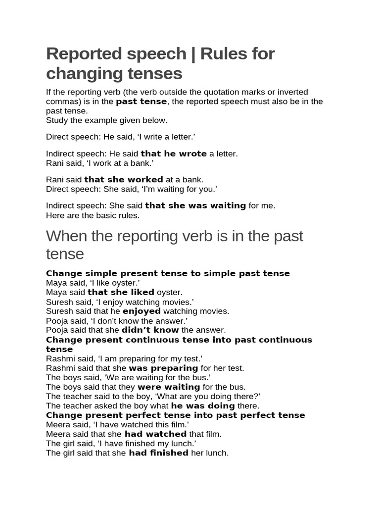 Reported Speech Rules For Changing Tenses | PDF | Language Mechanics ...