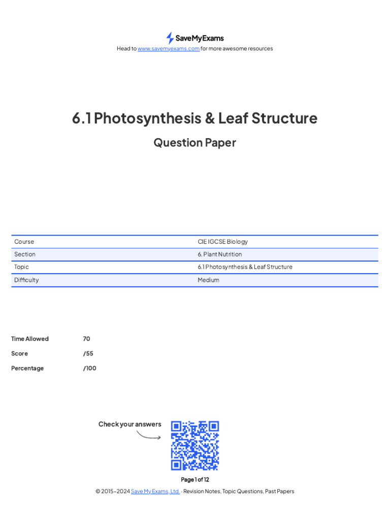 Photosynthesis and Leaf Structure Exam Guide | PDF | Photosynthesis | Leaf