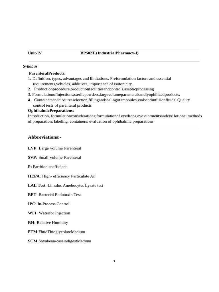502T IP2 UNIT - IV Parenterals & Ophthalmics | PDF | Sterilization (Microbiology ...