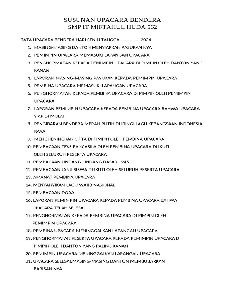 Tata Upacara Bendera SMP IT Miftahul Huda | PDF