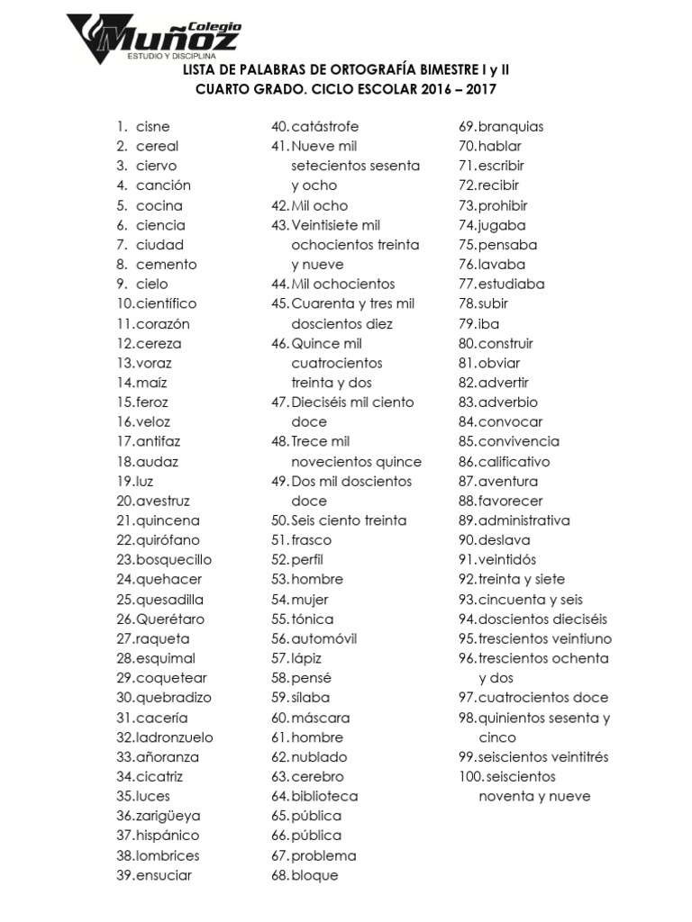 Palabras de Ortografía 4° Grado 2016-2017 | PDF