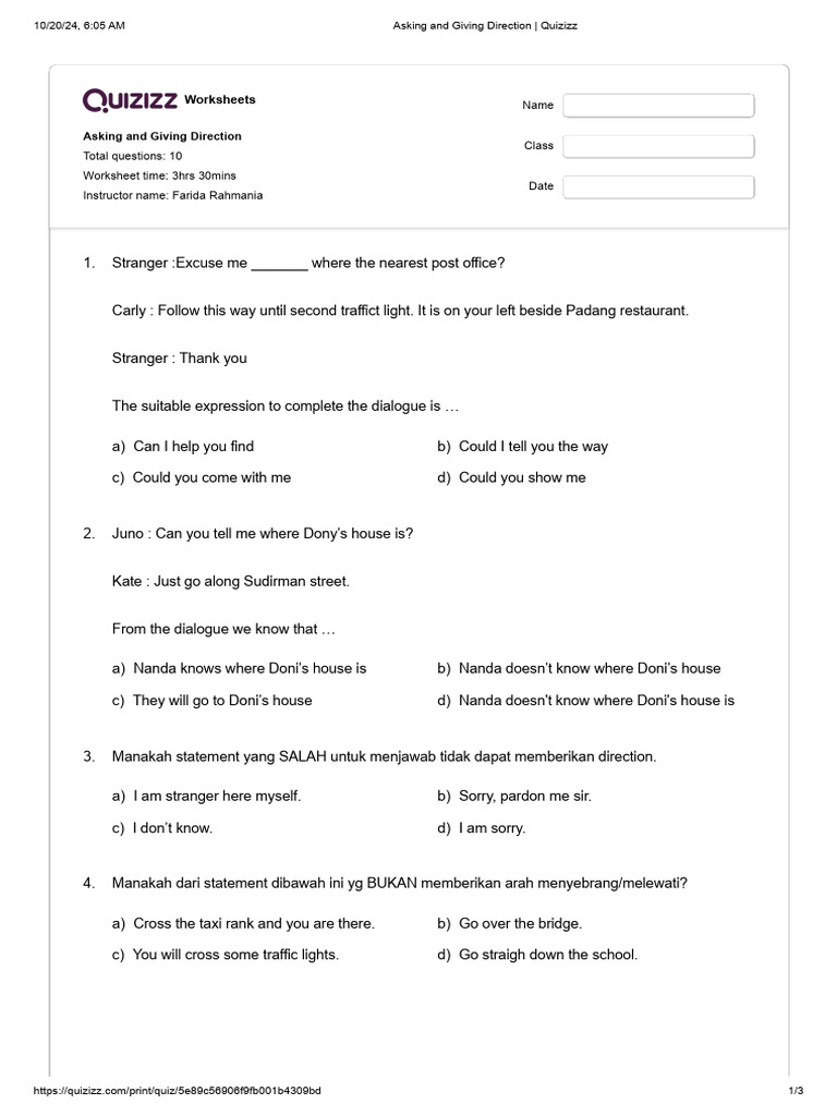 Soal Bahasa Inggris: Asking Directions Kelas 7 | PDF