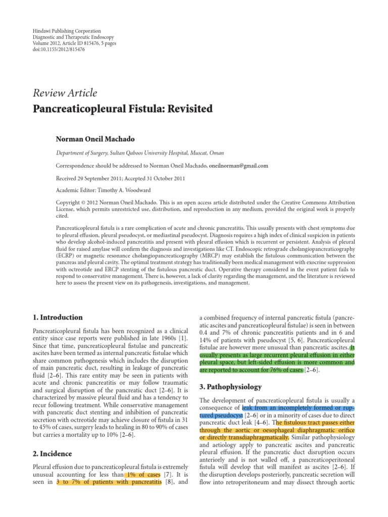 Pancreaticopleural Fistula - Revisited | PDF | Stent | Pancreas