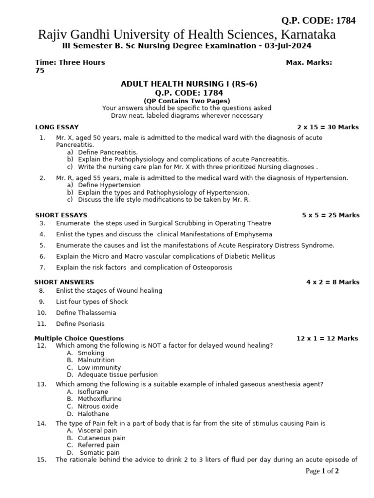 Adult Health Nursing Exam Paper 2024 | PDF | Pain | Wound