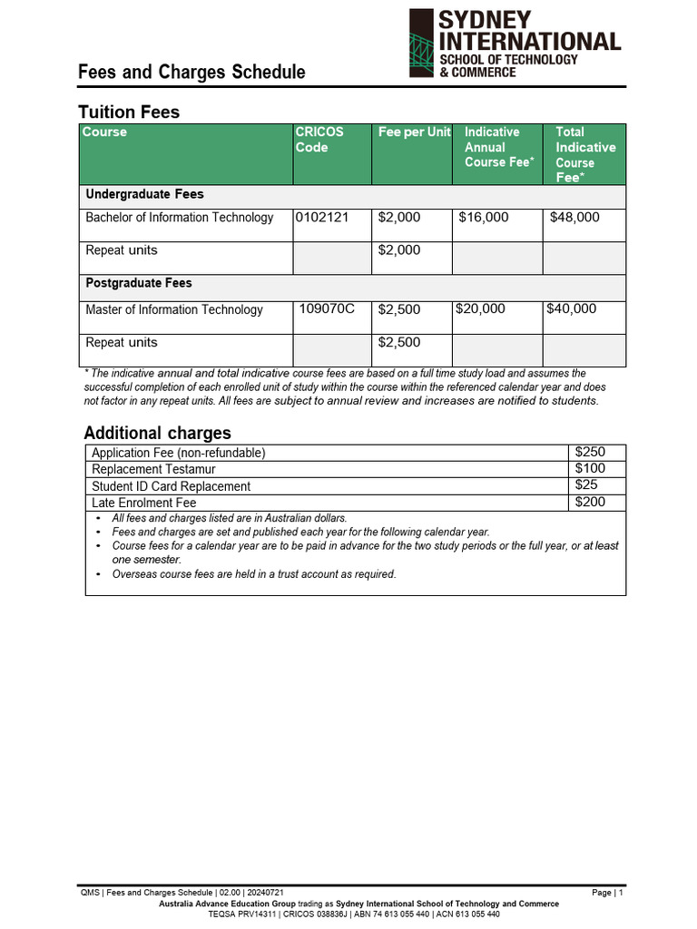 Fees and Charges Schedule - 02.00 20240721 | PDF | Fee | Academia