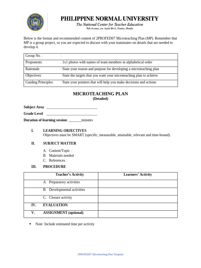 Microteaching Plan Template | PDF