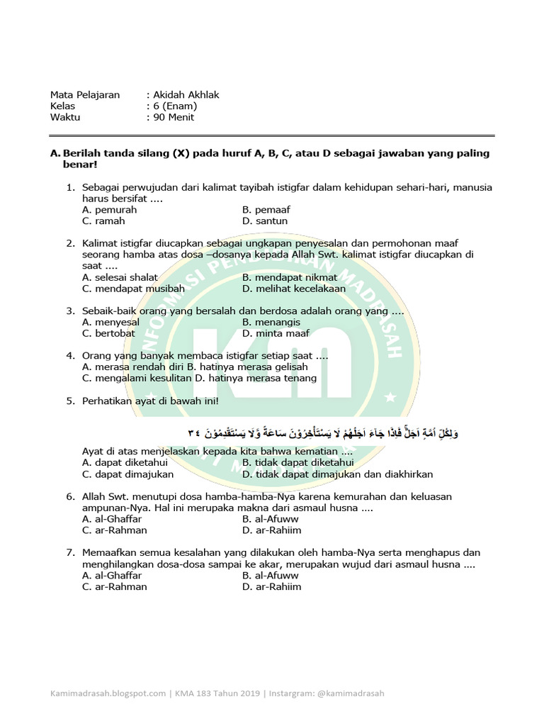 SOAL PAS AA KELAS 6 MI - KMA 183 - Kamimadrasah | PDF