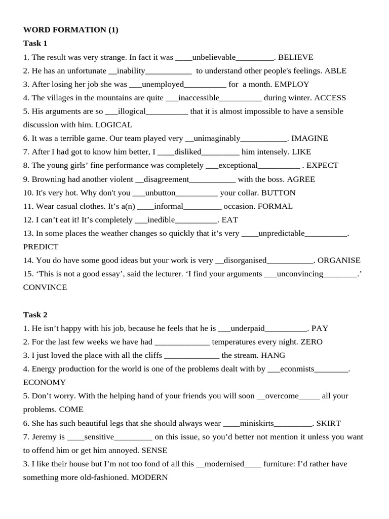 Word Formation Exercises and Answers | PDF