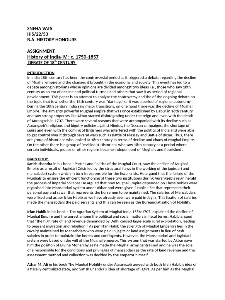 18 Century Debate Assignment Sneha Vats | PDF | Mughal Empire
