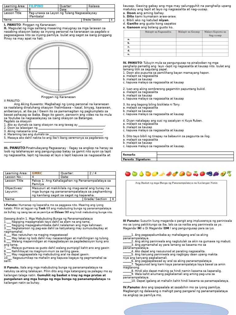 WORKSHEETS in Q2 W4 GMRC, FILIPINO, MATH & MAPEH | PDF