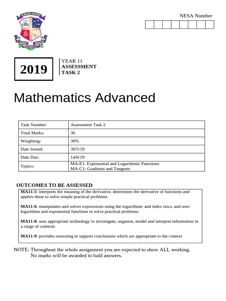 Year 11 Maths Advanced Task 2 2019 | PDF | Mathematics
