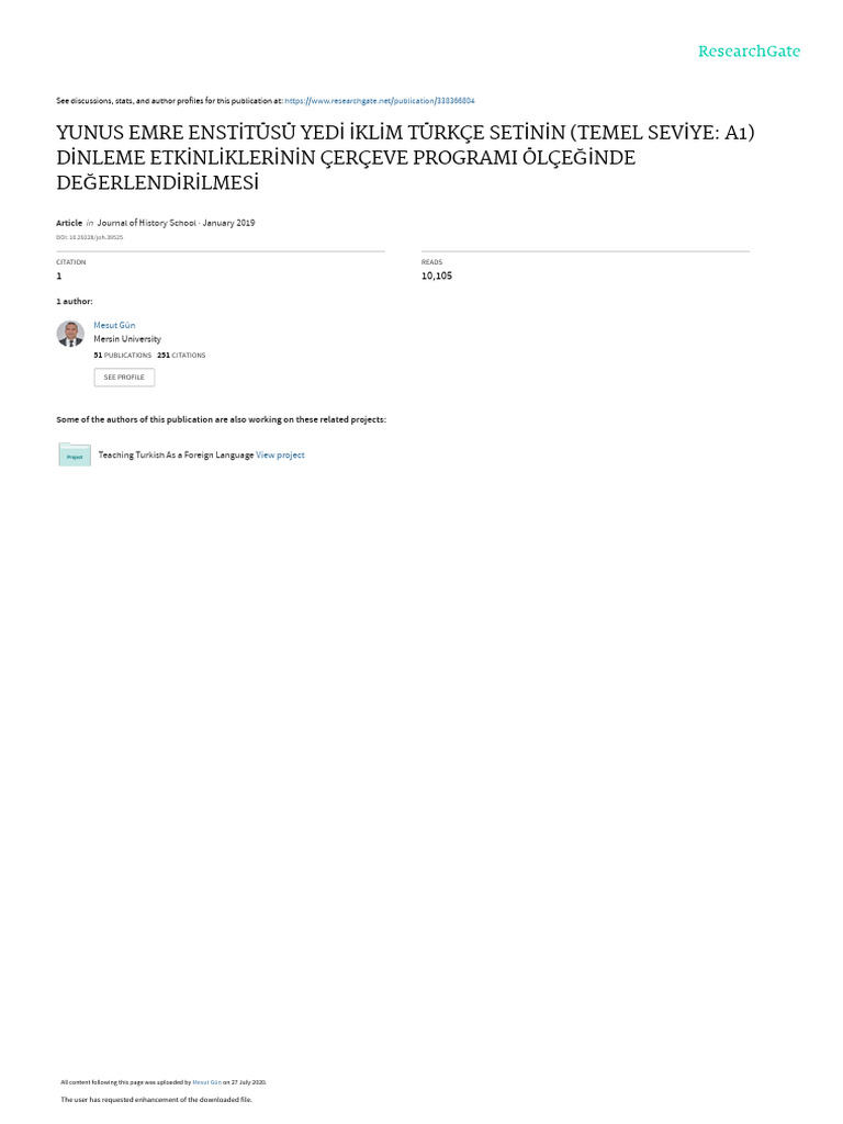 Yunus Emre Enstitusu Yedi Iklim Turkce Setinin Tem | PDF