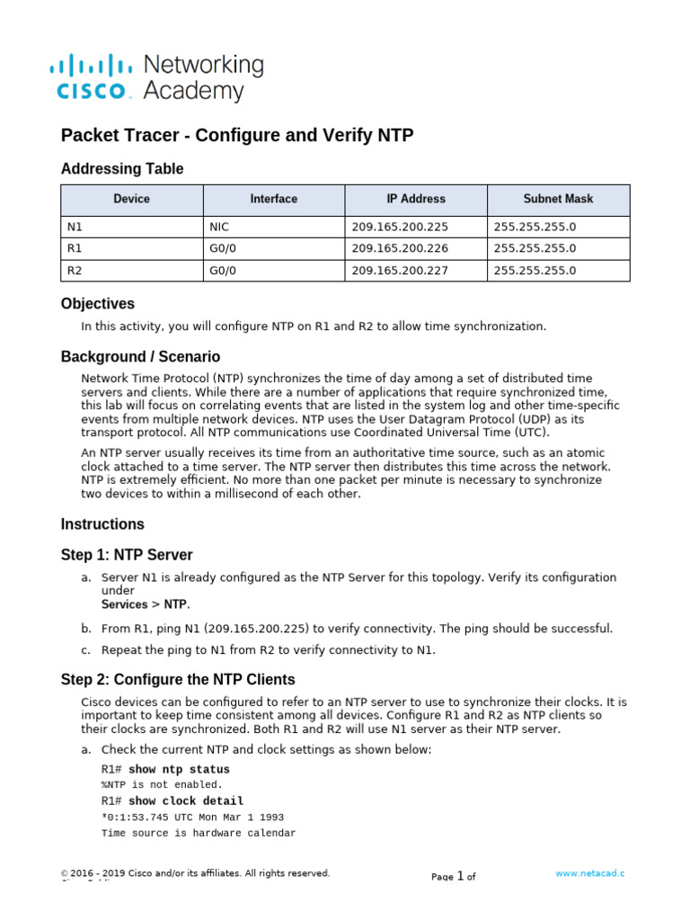 10.3.4-Packet-Tracer - Configure-And-Verify-Ntp | PDF | Computer Network | Telecommunications