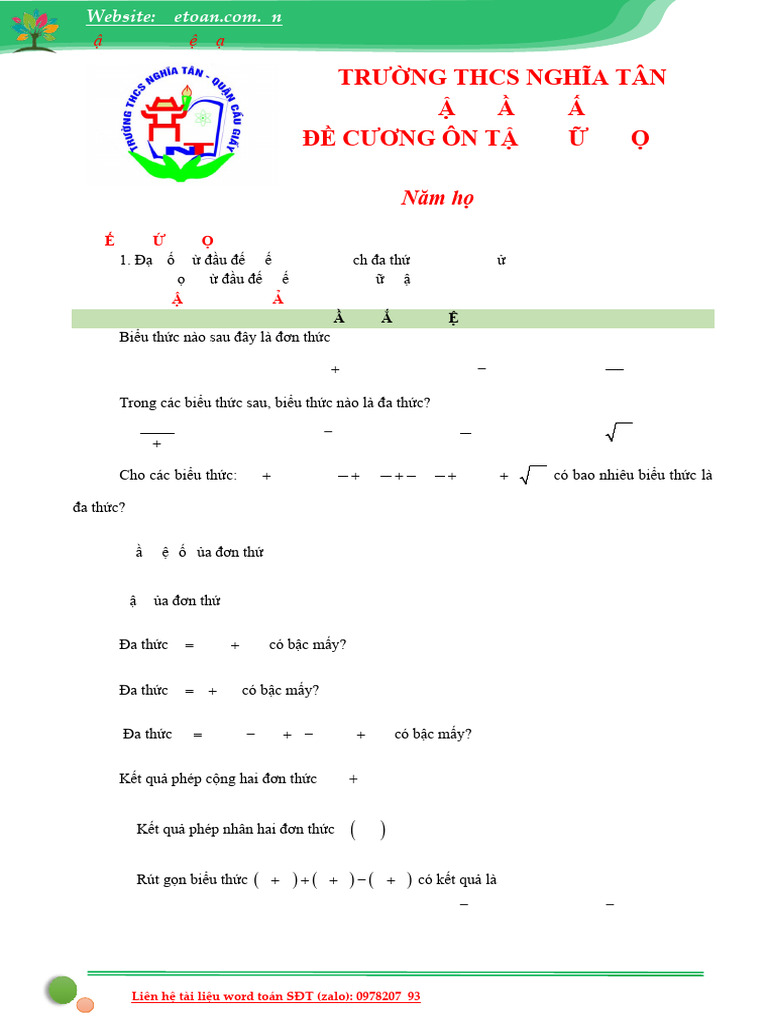 De Cuong Giua Hoc Ki 1 Toan 8 Nam 2023 2024 Truong Thcs Nghia Tan Ha Noi | PDF