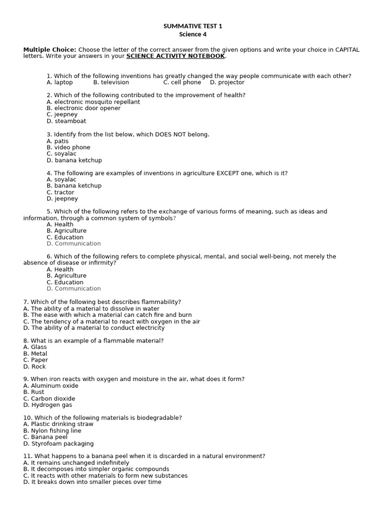 Science 4 Summative Test 1 | PDF | Plastic | Water