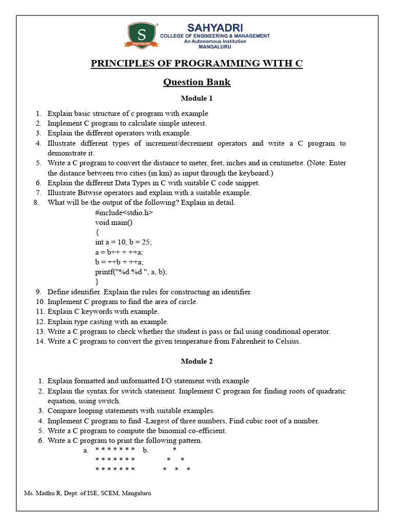 POP-Question Bank - Edited | PDF | Pointer (Computer Programming) | C (Programming Language)
