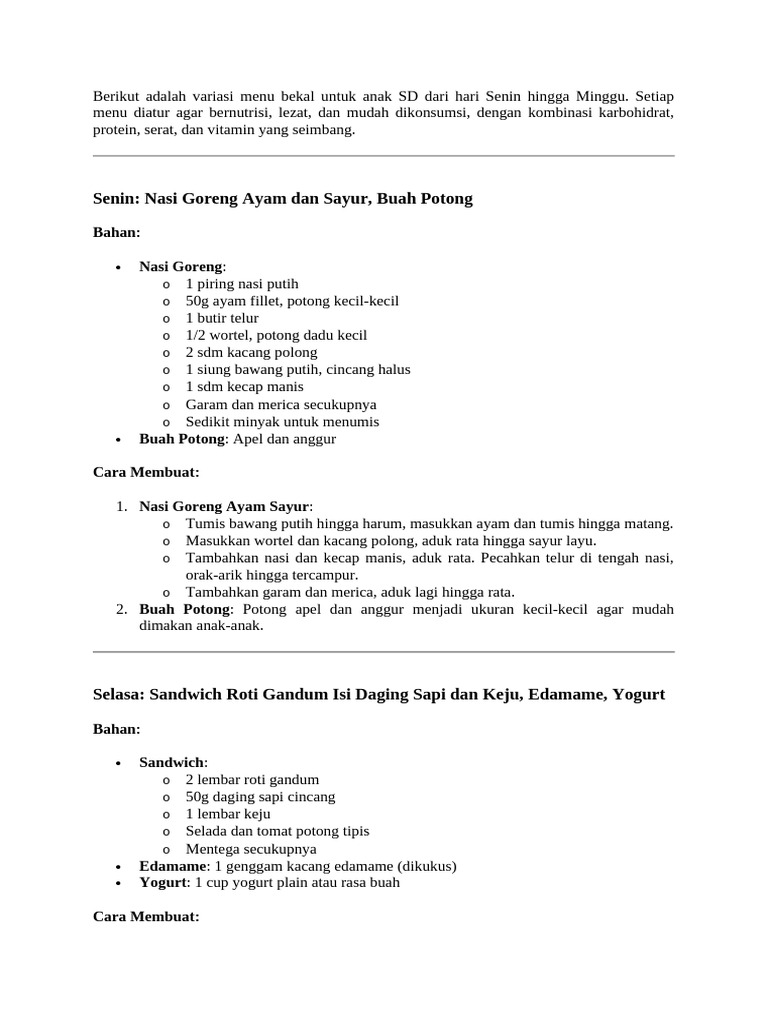 Variasi Menu Bekal Untuk Anak SD Dari Hari Senin Hingga Minggu | PDF