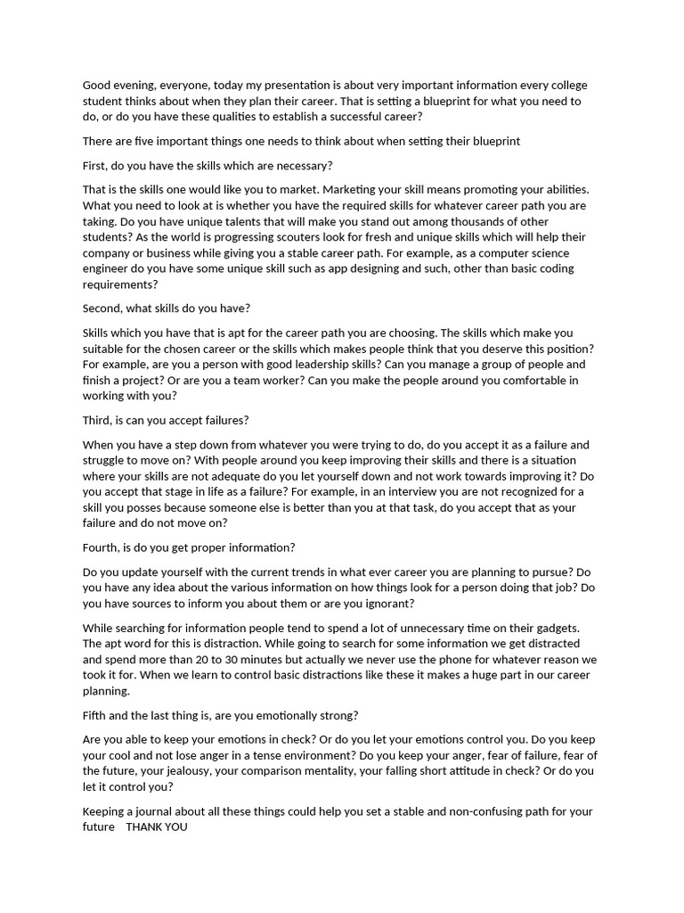 College Career Blueprint Speech | PDF | Behavioural Sciences | Cognition
