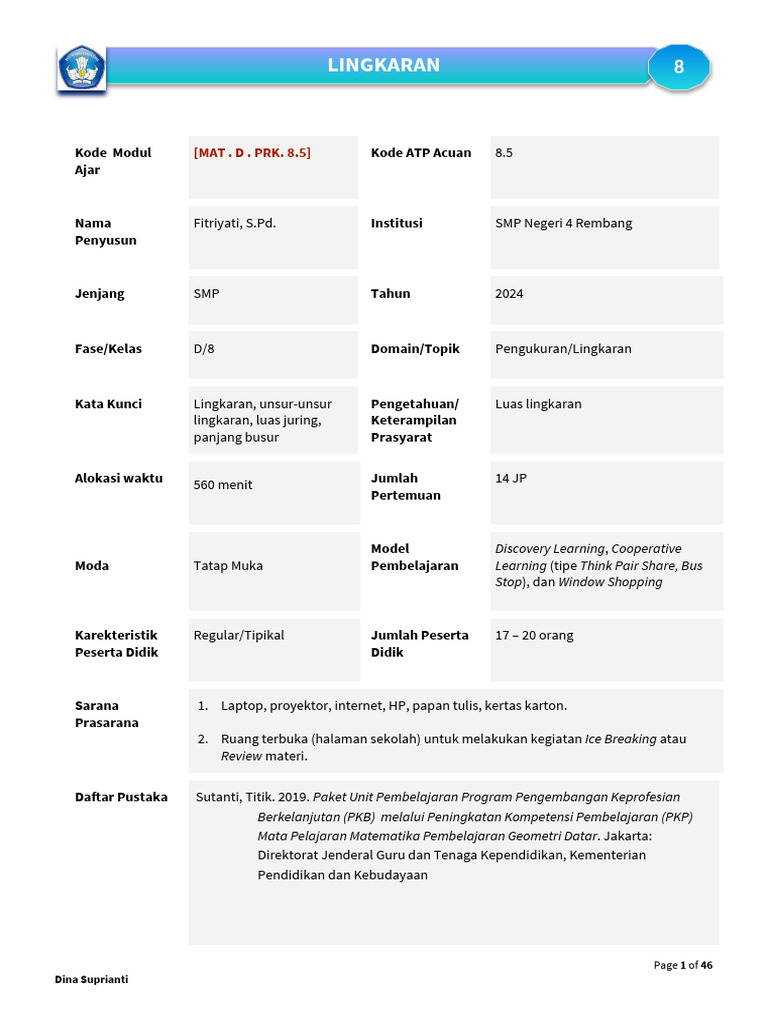 3 MODUL AJAR MTK KELAS 8 (LINGKARAN) - Fitriyati | PDF
