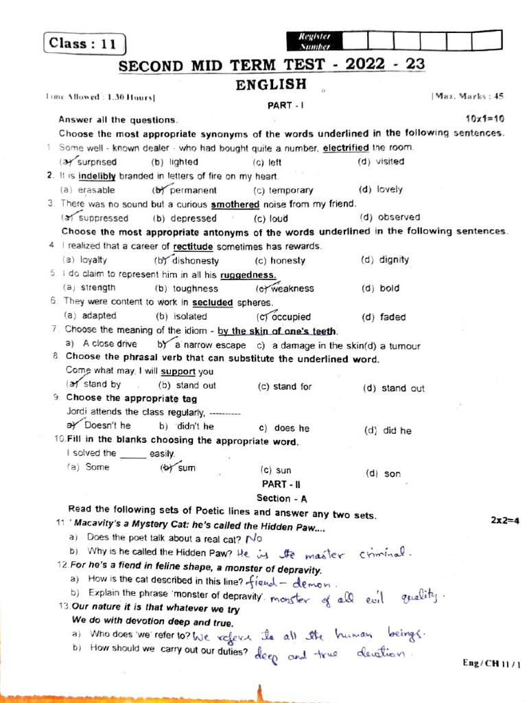 11th English 2nd Mid Term Exam 2022 Original Question Paper With Answer ...