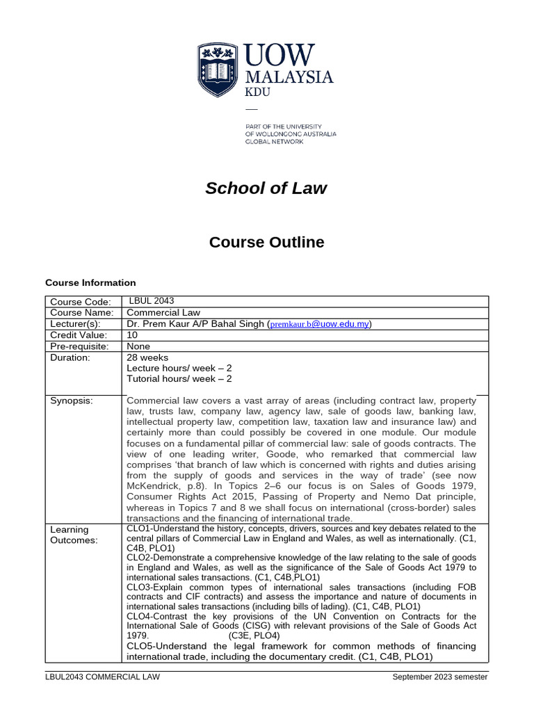 Commercial Law Course Outline LBUL 2043 | PDF | Knowledge | Evaluation