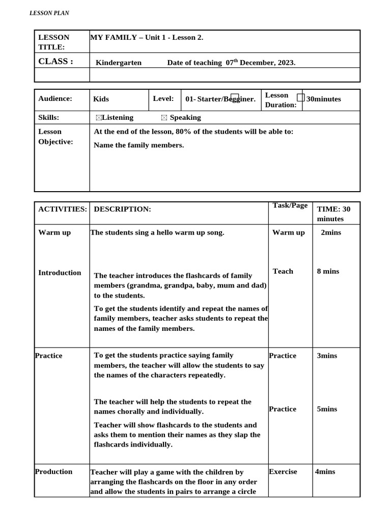 Kindergarten Family Members Lesson | PDF | Human Communication | Learning