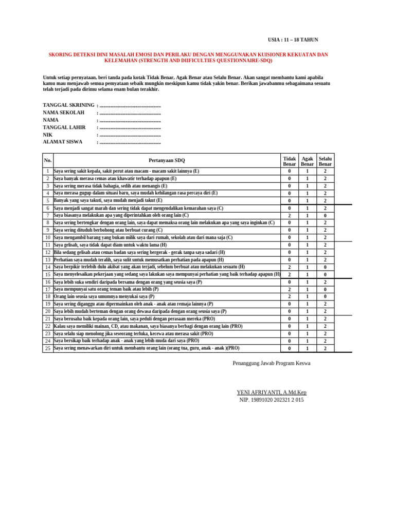 FORMAT SDQ (15 Tahun - 18 Tahun) | PDF