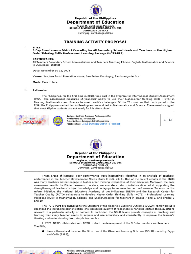 District HOTS Activity Proposal | PDF | Teachers | Pedagogy