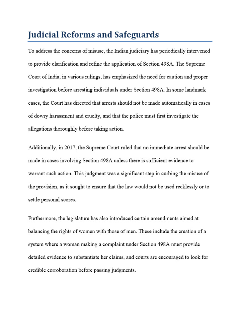 Judicial Reforms on Section 498A Misuse | PDF