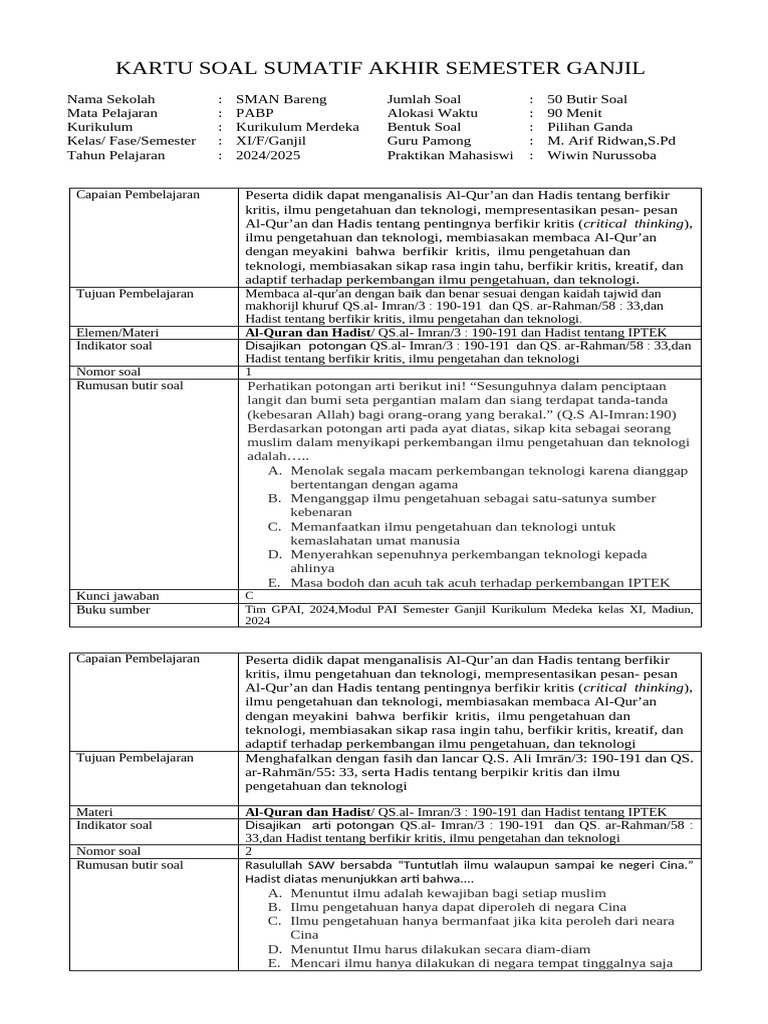 Kartu Soal PAI XI SAS GANJIL | PDF | Komputer