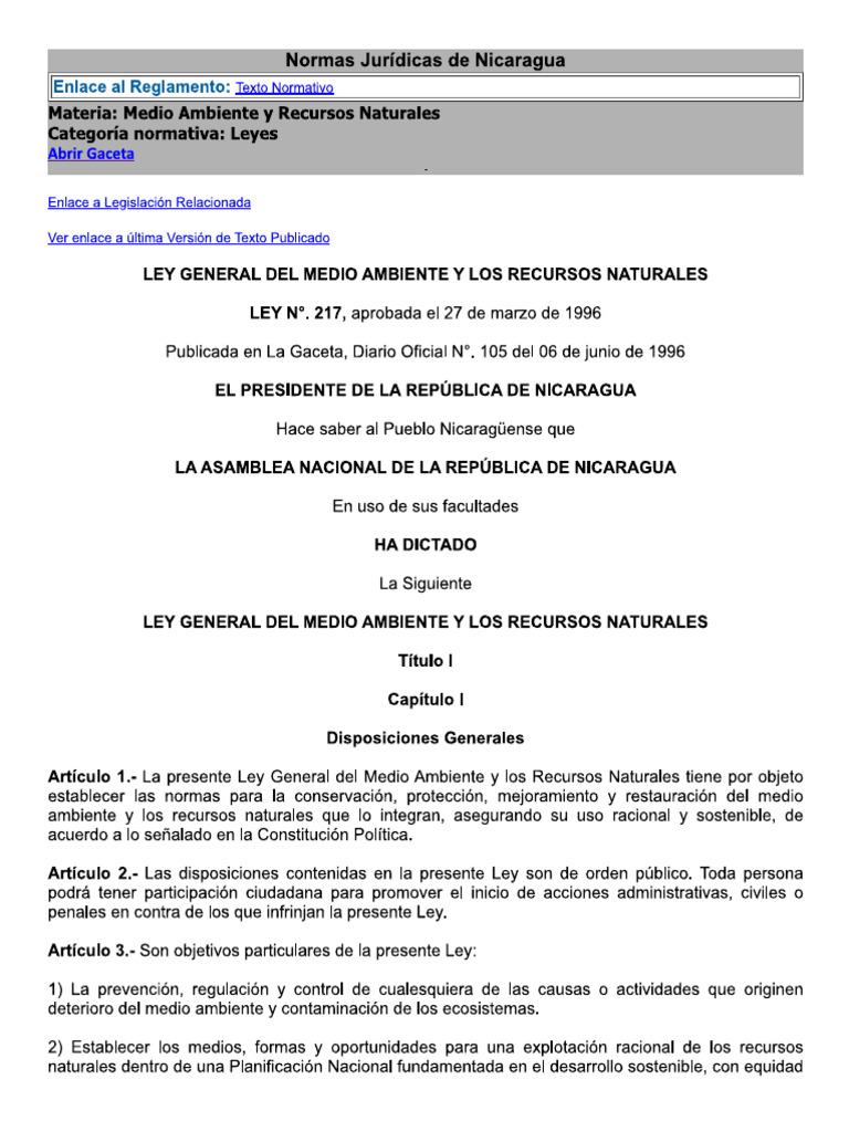 Ley 217 Medio Ambiente y Los Recursos Nat | PDF