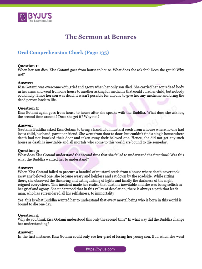 Ncert Solutions Feb2021 First Flight Class 10 English Chapter 10 The Sermon at Benares | PDF ...