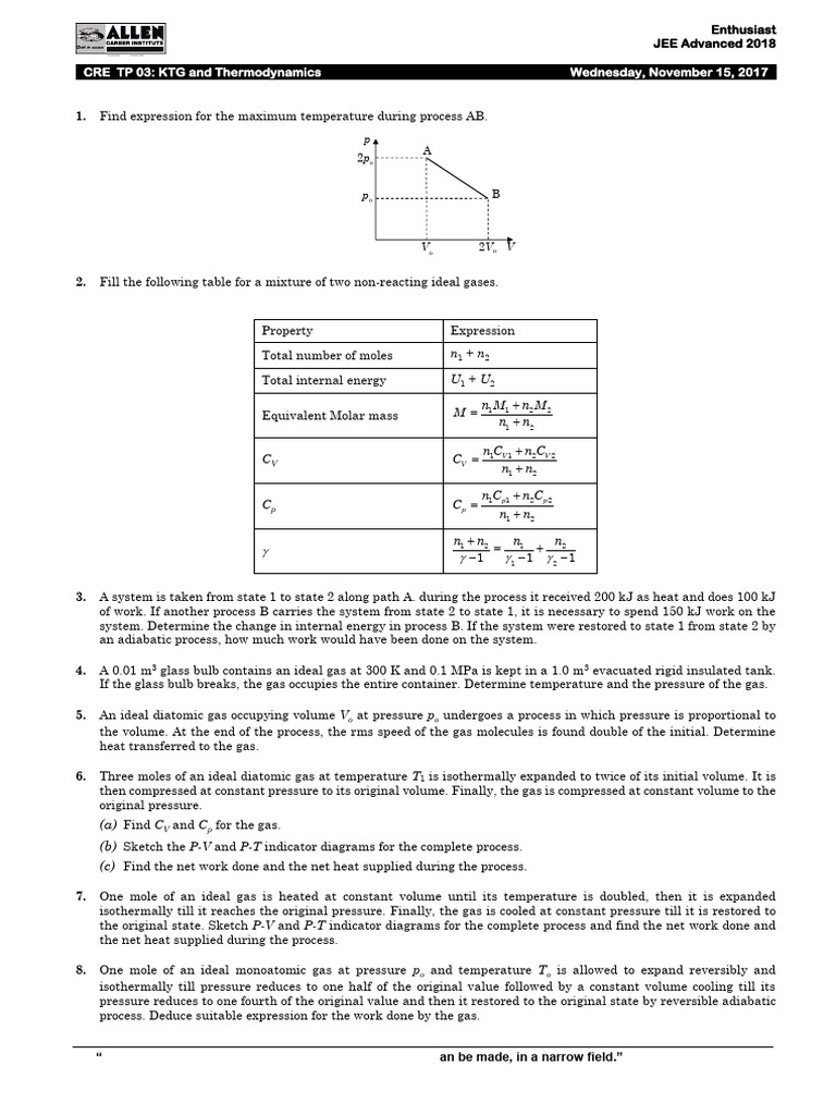 CRE TP 03. KTG and Thermodynamics | PDF | Gases | Heat