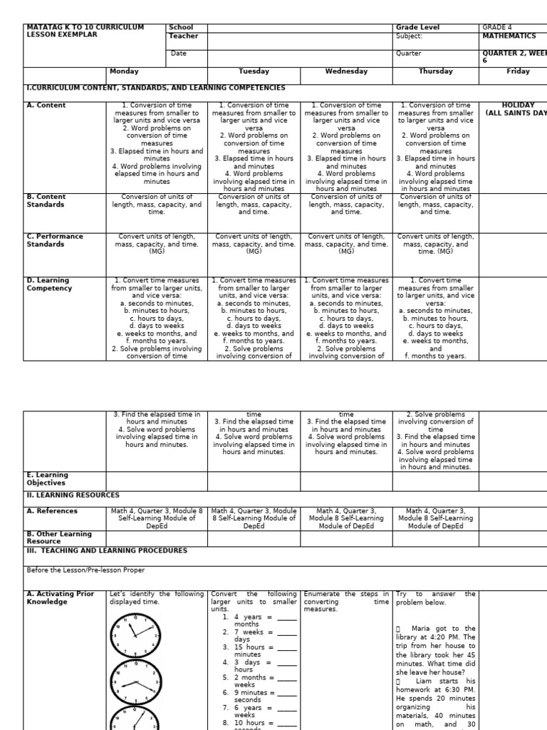 Grade 4-Q2W6 (Matatag DLL) - Mathematics | PDF | Clock | Homework