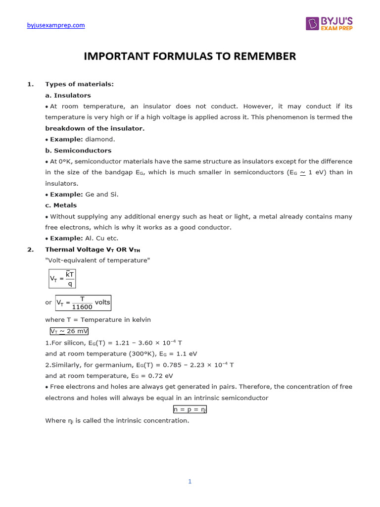 Basic Electronics Formula Notes 60 | PDF | Semiconductors | Electrical ...